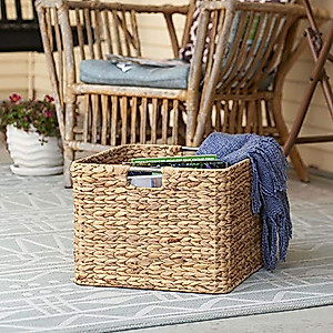 Household Essentials Woven Wicker Open Storage Basket with Stainless Steel Handle, Natural