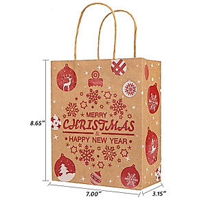 24 Christmas Kraft Gift bags 7.25 x 9 x 3.5 with 24 Tissue Papers for Xmas Exchange, Party Favors Paper Goodie Bags
