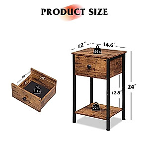 WLIVE Nightstands Set of 2, Bedside Tables with Adjustable Wooden Drawer, 2-Tier Night Stands for Couch, Bed, Sofa, End Table Side Table for Bedroom, Living Room, Rustic Brown