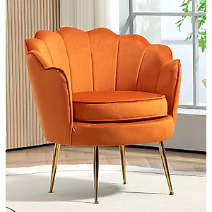 US Pride Furniture Velvet Barrel Chair, Stylish Accent with Scalloped Backrest and Gold Metal Legs, Suitable for Traditional, Modern, and Contemporary Living Rooms, Orange