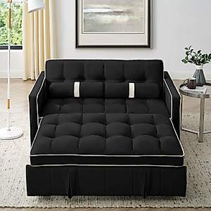 3-in-1 Convertible Sleeper Sofa Bed,55.5" Modern Tufted Velvet Pull Out Couch Bed,Futon Small Love Seat Sofa with Adjustable Backrest&Cylinder Pillows for Living Room,Apartment,Small Places(Black)
