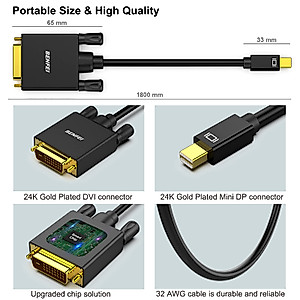 BENFEI Mini Displayport to DVI Cable, Mini DP to DVI 1.83M Cable Male to Male Gold-Plated Cord for MacBook, iMac(LG51) Surface Pro and Laptop