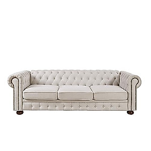 FANYE 88.5" 3-Seaters Chesterfield Clasic Luxury Roller Armrest Special Wood Legs Sectional,Button Tufted Linen Fabric Upholstered Modular Sofa Couch with Removable Cushions & Nailhead Decor, Beige