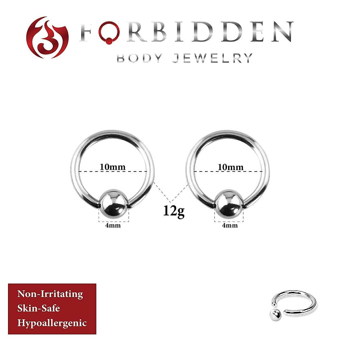 Forbidden Body Jewelry Surgical Steel Captive Bead Ring Piercing Hoops, Pair of 12g 10mm (4mm Balls)