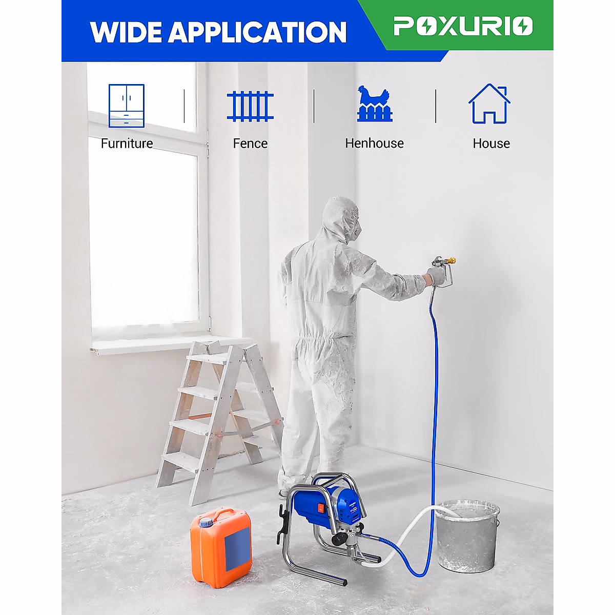 POXURIO 1200W Airless Paint Sprayer, 3300PSI High Efficiency Electric Paint Sprayer with Extension Rod, Thinning-Free Stand Airless Sprayer for Home Exterior and Interior, Garage, Deck, Furniture