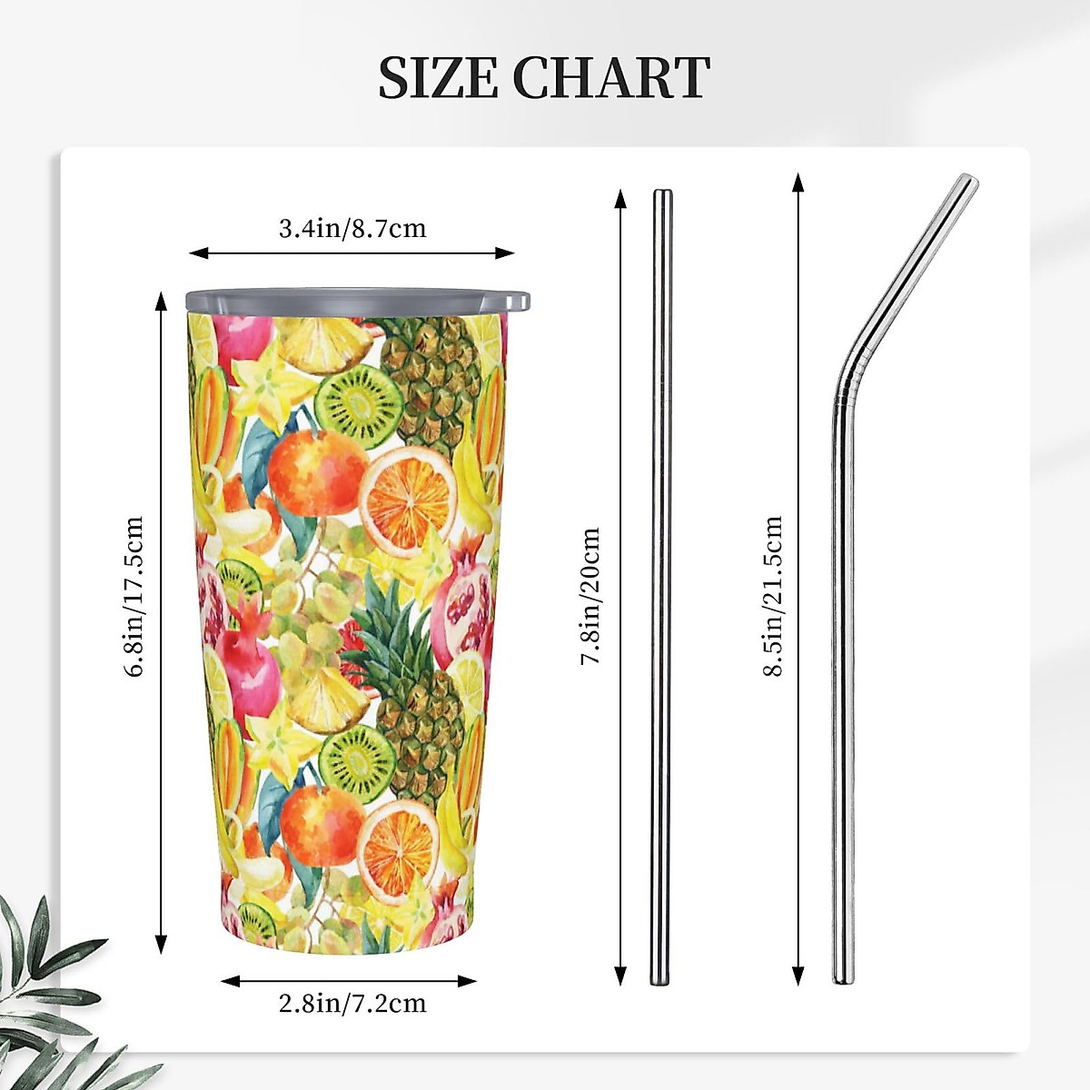 Yaxongx 20oz Tumbler Summer Fruit Double Wall Vacuum Insulated Coffee Mug with Lid and Metal Straw Brush Reusable Stainless Steel Water Bottle Travel Cup Gifts for Car Ice Drinks Hot Beverage