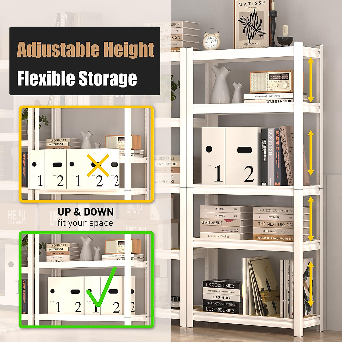 PrimeZone 27.6" W x 11.8" D x 59.8" H 5-Tier Adjustable Book Shelf - Modern Standing Open Bookshelf, Display Bookcase Storage Shelves Organizer for Living Room, Bedroom, Sturdy, Office, White