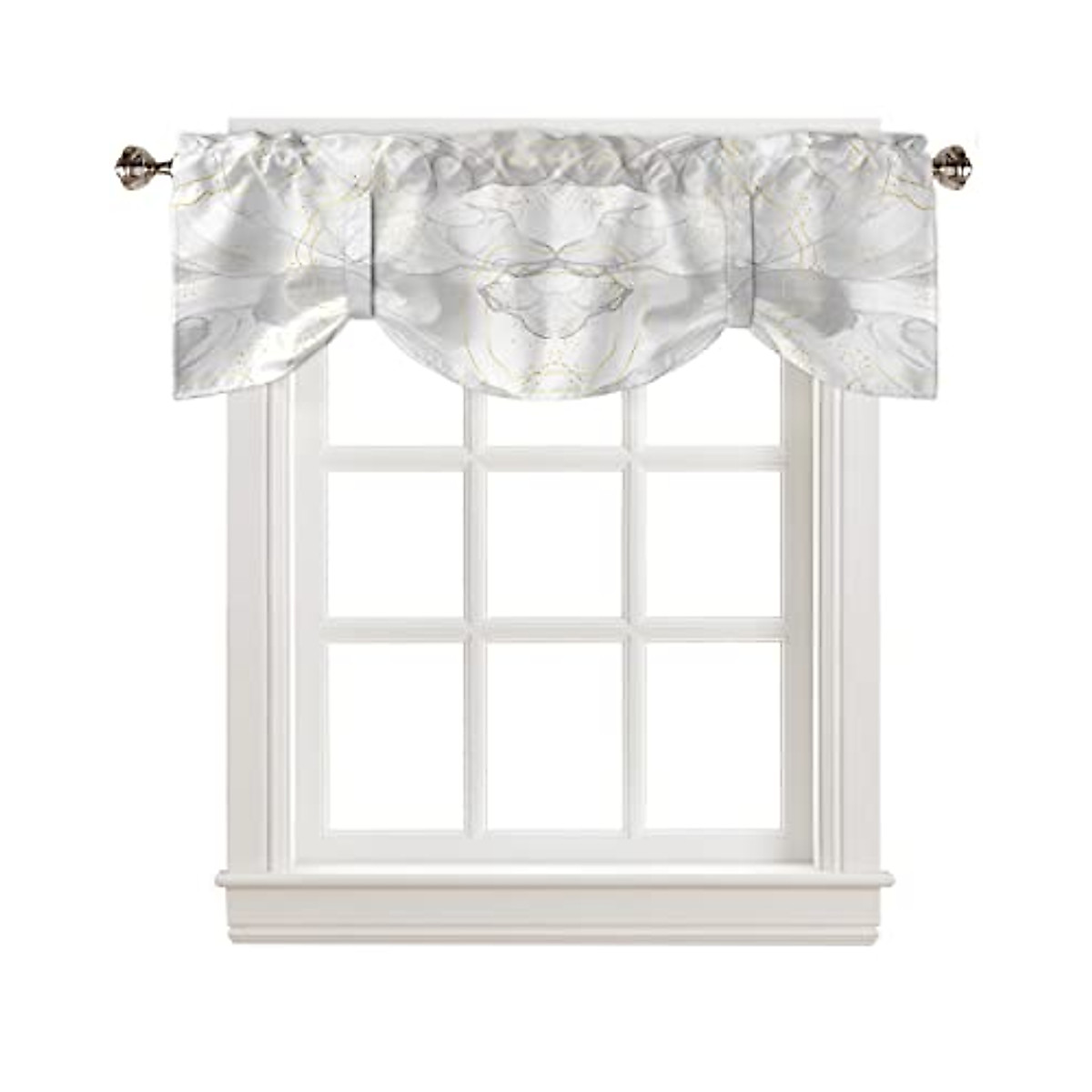 Tie Up Valance Curtains Abstract White Grey Marble Stone Kitchen Cafe Valances for Windows,Rod Pocket Adjustable Balloon Window Shades for Living Room Bathroom Natural Agate with Gold Line,1 Panel