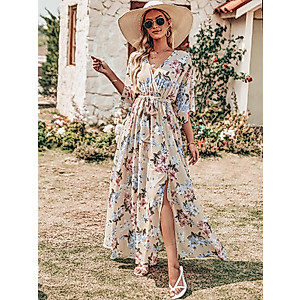 ANRABESS Women’s Summer Loose Boho Flowy Wrap V Neck 3/4 Sleeve Floral Print Slit Beach Wedding Guest Long Maxi Dresses Yellow Flor Medium