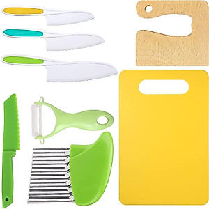 Leking 8 Pcs Wooden Kitchen Knife Set for Kids - Includes Safe Knives, Serrated Plastic Knives, Potato Slicers, Sandwich Cutter, Peeler and Cutting Board