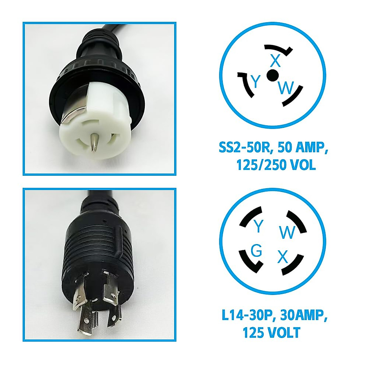 NEMA 3ft L14-30P to 50A SS2-50R with Locking Ring 120V/240 30 Amp 4 Prong Male to 4 Prong Twist Lock Receptacle Generator RV Marine Shore Boat Power Cord Adapter