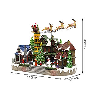 Christmas Village Centerpiece Decor, Santa Riding Sleigh Flying Over The Town Center, with Christmas Tree, featuring LED Lights, Christmas Music, and Animation - Power Adapter (included)