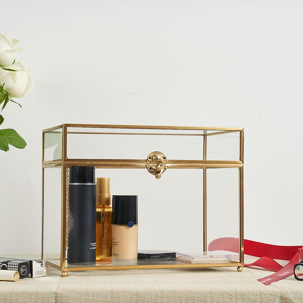 Axlbcne 9.8" Glass Card Box - Gold Card Box for Wedding Reception, Clear Card Box for Wedding Graduation Birthday Praty, Vintage Party Centerpiece - 15612A