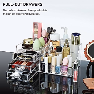 Simbuy Clear Makeup Organizer for Vanity, Large Desk Organizer with Drawers for Cosmetics, Lipsticks, Beauty Supplies, Nail Care, Skincare, Ideal for Dresser and Bathroom Countertops