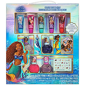 Townley Girl Disney The Little Mermaid Sparkly Cosmetic Makeup Set for Girls with Lip Gloss Nail Polish Nail Stickers - 11 Pcs| Perfect for Parties Sleepovers Makeovers| Birthday Gift for Girls above 3 Yrs