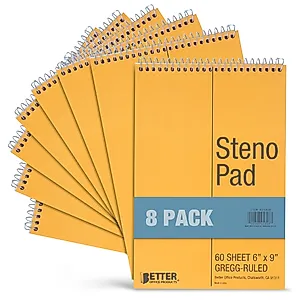 Better Office Products Spiral Steno Pads, 8 Pack, 6 x 9 inches, 60 Sheets, White Paper, Gregg Rule, Natural Board Cover, 8 Steno Notebooks