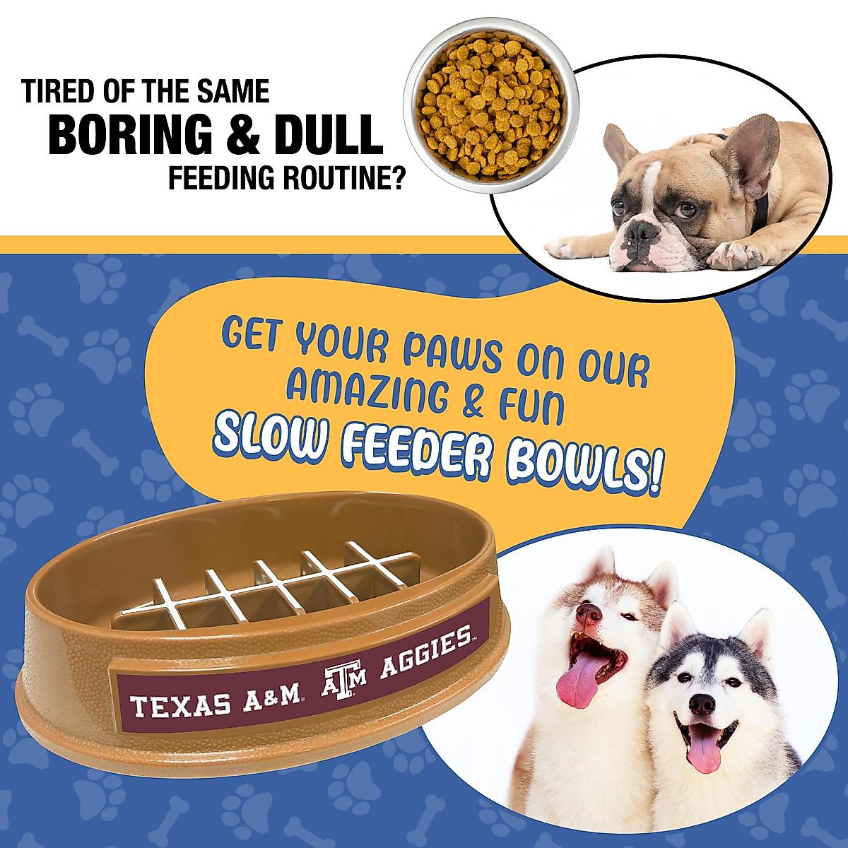 NCAA Super-Bowl - Texas A&M Slow Feeder Dog Bowl. Football Design Slow Feeding Cat Bowl for Healthy Digestion. Non-Slip Pet Bowl for Large & Small Dogs & Cats