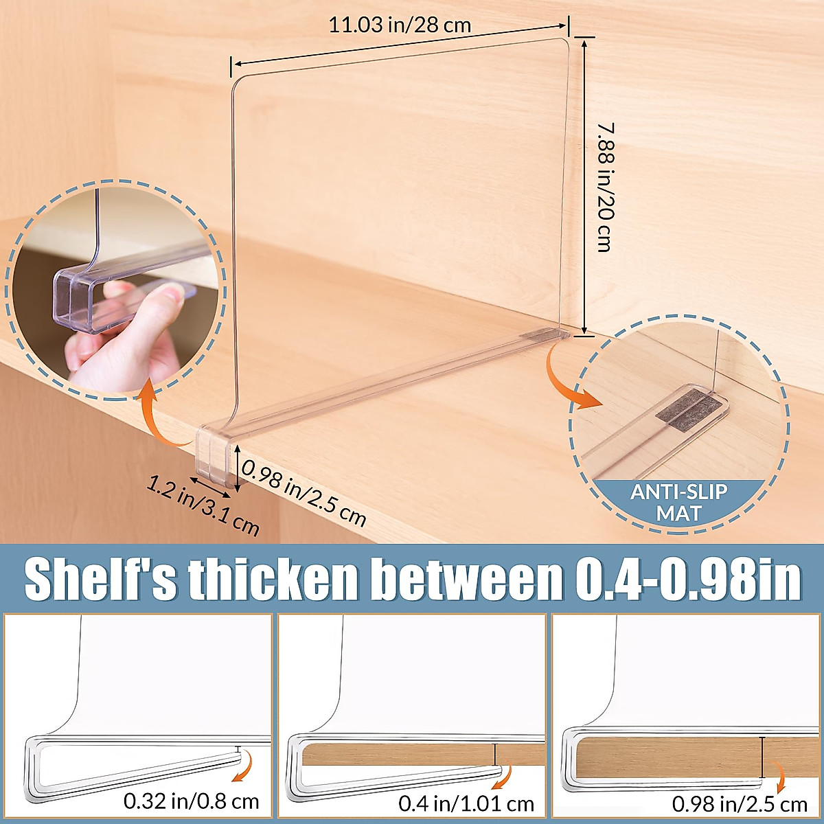 JEAWIWI Shelf Dividers for Closet Organization, Clear Acrylic Closet Shelf Divider Shelves Clothes Purses Separators, Plastic Shelves Organizer for Bedroom, Kitchen, Office, Cabinet, 8 Pack