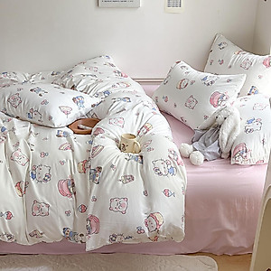 TELUSHEN Cartoon Anime Duvet Cover Sets,Cat Bedding Set with 1 Duvet Cover 1 Flat Sheet and 2 Pillow Shams,Cute Soft Comforter Cover for Teen Kids Girls (White,Queen79x91inch)