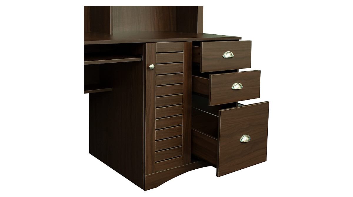 Modern Wooden Computer Desk with Storage and Hutch | Walnut