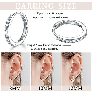 3 Pairs Sterling Silver Small Hoop Earrings Cubic Zirconia Cuff Earrings | Tiny Cartilage Huggie Hoop Earrings Piercing Jewellery for Women（8mm 10mm 12mm）