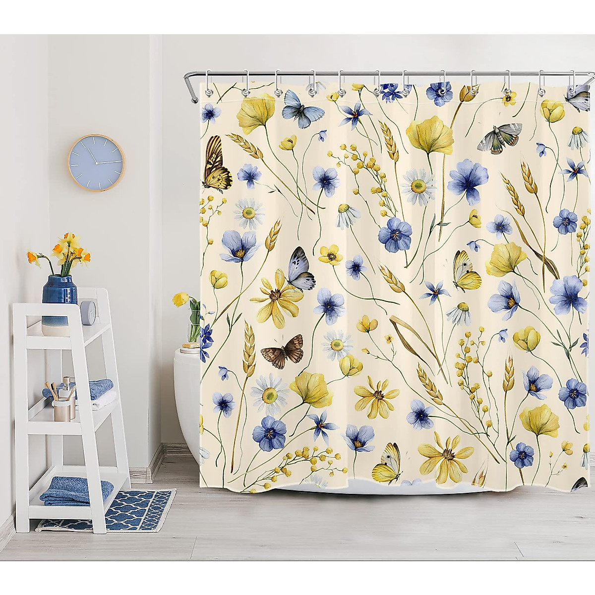 LB Vintage Plant Wildflower Shower Curtain for Bathroom, Blue and Yellow Floral with Butterfly on Beige Fabric Shower Curtain with Hooks, Farmhouse Botanical Bathroom Curtain Shower Set, 72"W x 72"L