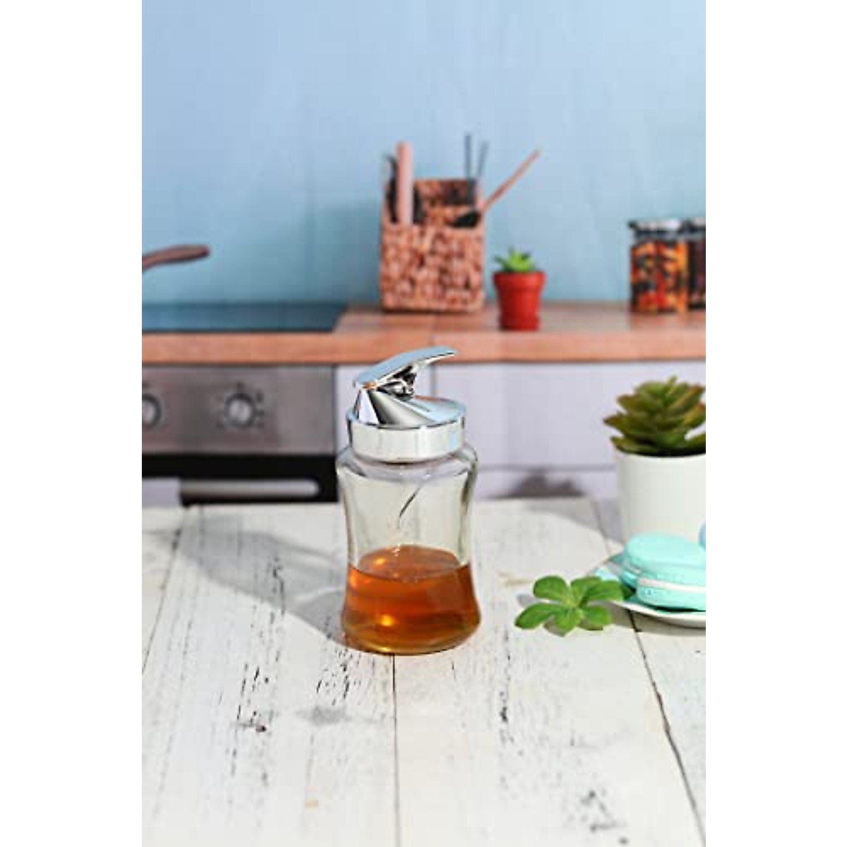 J&M Design Multipurpose Glass Syrup Dispenser Bottle For Maple Syrup, Sugar, Creamer, Olive Oil Vinegar No-Drip Pour Spout For Coffee Bar Accessories, Tea, Pancakes, Kitchen Baking 7.5oz container jar