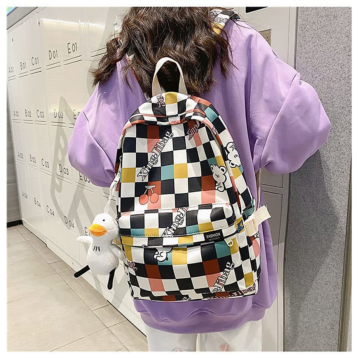 KOWVOWZ Kawaii Checkerboard Bear Backpack Girl Women Teen with Duck Pendant Cute College High School Backpack Laptop Bookbag (Black)