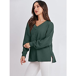 ANRABESS Oversized Long Sleeve Shirts for Women Off the Shoulder Sweatshirt Loose V Neck Tunic Tops High Low Sweater 2024 Large Dark Green