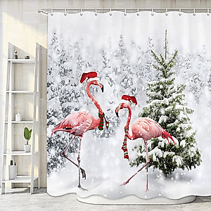 Pink Christmas Flamingo Shower Curtain, Tropical Beach Themed Funny Xmas New Year Holiday Winter Farmhouse Snowflake Cloth Shower Curtains, Pine Tree Snow Bathroom Accessories with Hooks, 72X72in