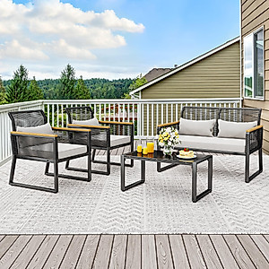 YITAHOME 4-Piece Outdoor Wicker Patio Conversation Furniture Set, All-Weather Wicker Bistro Rattan Loveseat Set with Wooden Armrests, Metal Side Table and Cushions for Backyard, Balcony, Deck, Black