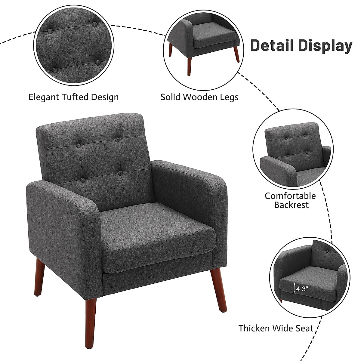 Furniliving Mid Century Modern Arm Chair, Button-Tufted Upholstered Accent Chairs for Bedrooms Living Room Chair with Solid Wood Legs Linen Fabric Comfy Lounge Chair, Dark Grey