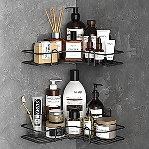 HuggieGems Adhesive Corner Shower Caddy Shelf Organizer Rack, Rustproof Shower Shelves Basket Storage for Inside Shower, Bathroom, Kitchen, Black, 2 Pack