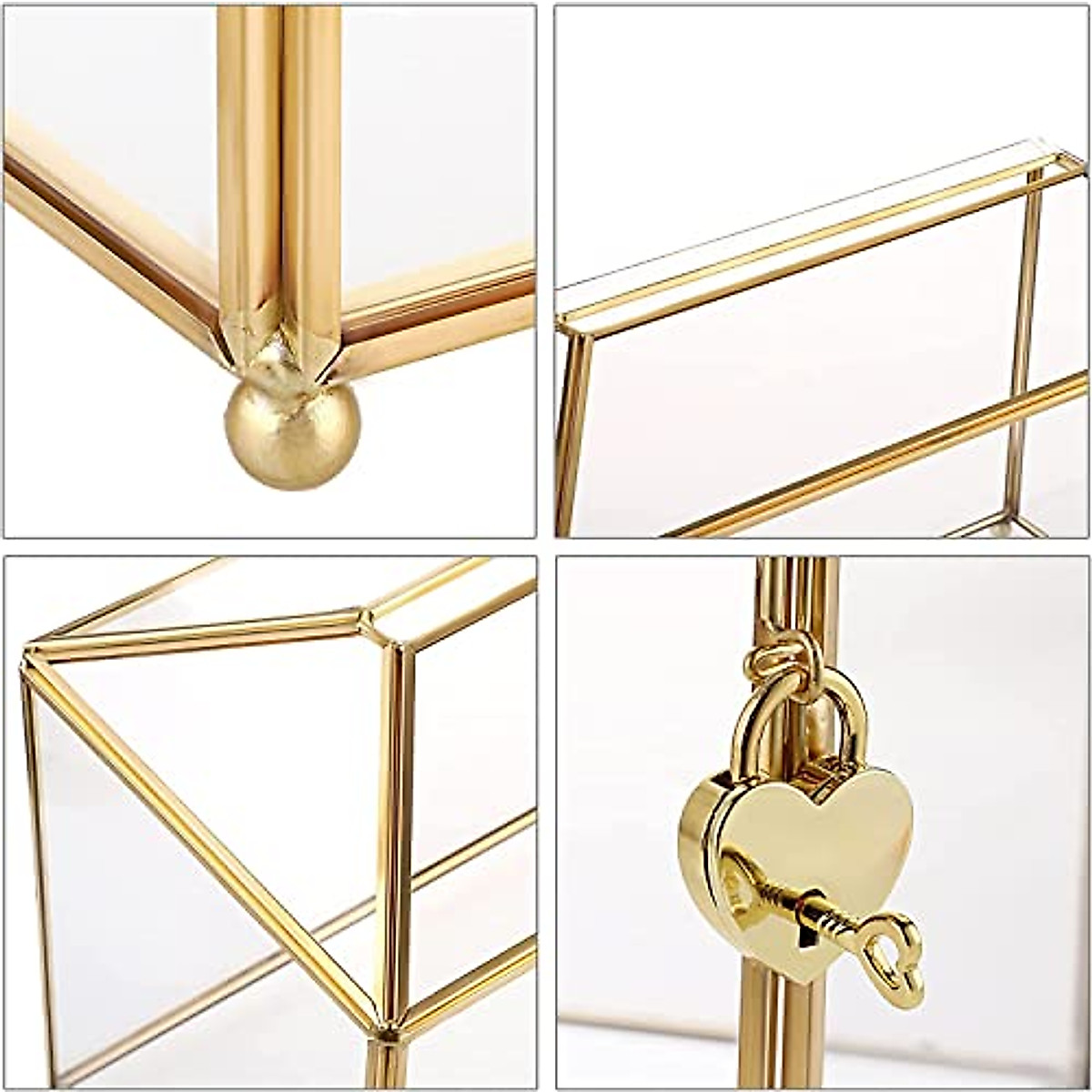 Defined Deco 10.2" Glass Card Box, Gift Display Box,Wedding Card Box with Heart Lock, Card and Gift Holder Glass Cards Box for Weddings, Birthdays, Graduations, Baby and Bridal Showers,Brass Frame.