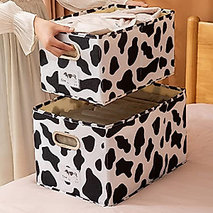 ANMINY Fabric Storage Bin Cow Print Cotton Linen Foldable Open Storage Basket Box with Handles PP Plastic Board Label Window Decorative Washable Desktop Closet Shelf Organizer Container - Medium
