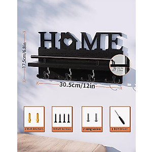 SWTYMIKI Key Hooks for Wall with Home Decoration, Wood Mail Organizer with Key Holder and Mail Holder Design, Wall Mounted Key Hanger Suitable for Entryway, Front Door, Hallway, Office, Black