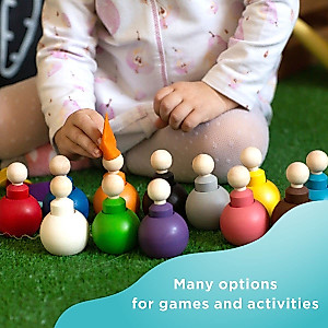 Ulanik Peg Dolls in Balls with Hats Toddler Montessori Toys for 3 Year Old + Wooden Waldorf Dolls for Learning Color Sorting and Counting — 12 Gnomes, 2.36 in