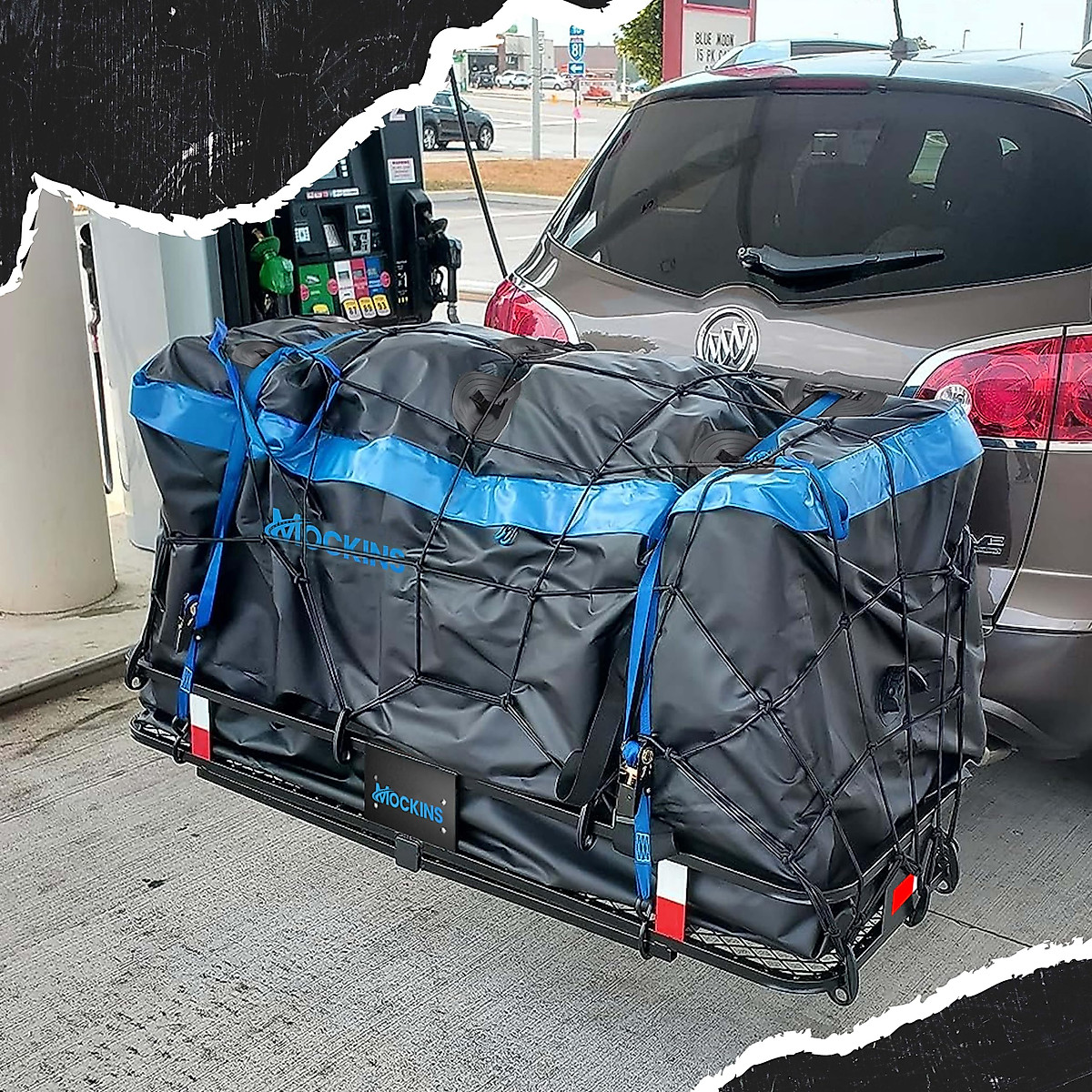 Mockins 60"x24"x6" Folding Trailer Hitch Cargo Carrier w/ 25 CuFt. Soft Vinyl Waterproof Cargo Bag | 500 Lbs. Capacity Car Carrier Cargo Rack & Car Bag Set | Waterproof Truck Bed Storage Accessories