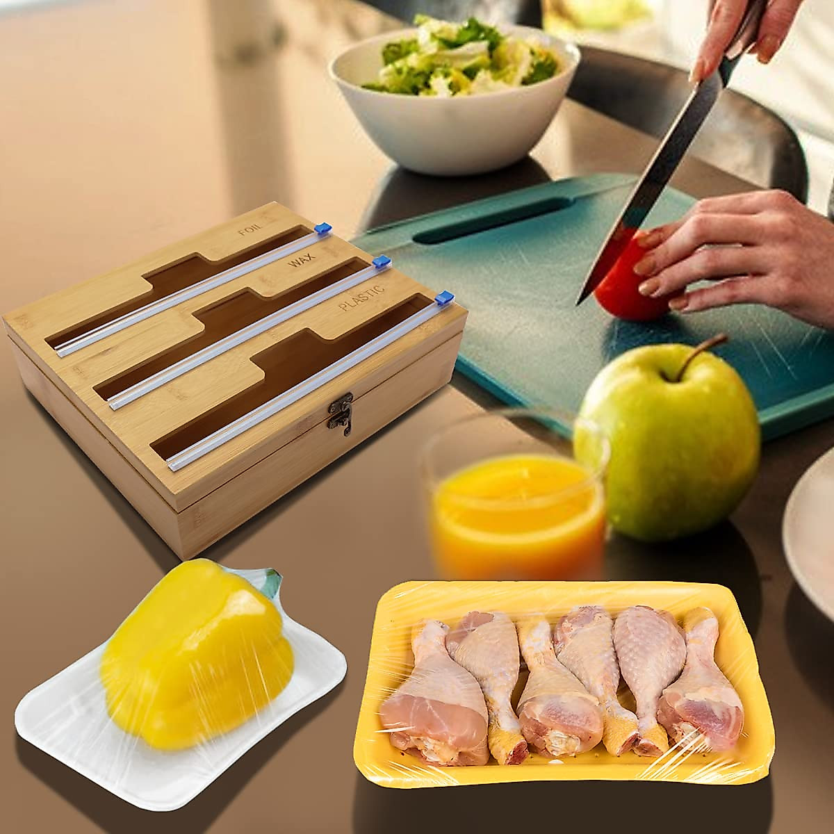 Plastic Wrap Dispenser with Cutter, Aluminum Foil and Plastic Wrap Organizer, Bamboo Wax Paper Holder, Perfect for Kitchen Drawer/Wall Mount, Compatible with 12" Roll (3 Slot)