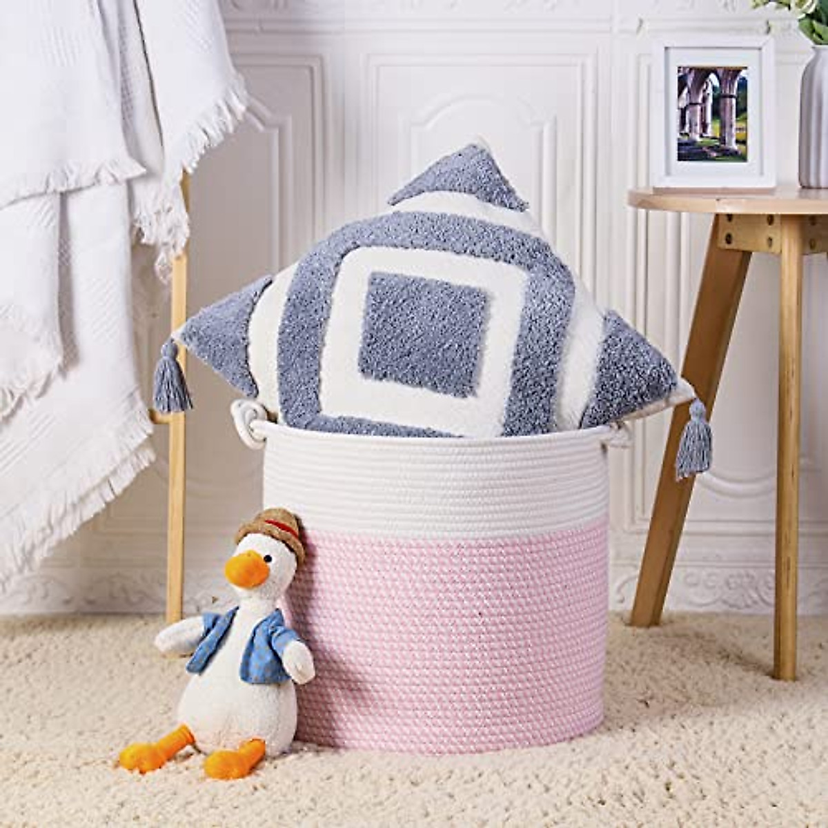 Pink Storage Basket, Woven Cotton Rope Basket 15" x 15" x 13.8" Laundry Hamper Blanket Basket with Handle for Baby Girl Toy Cloth Organizing