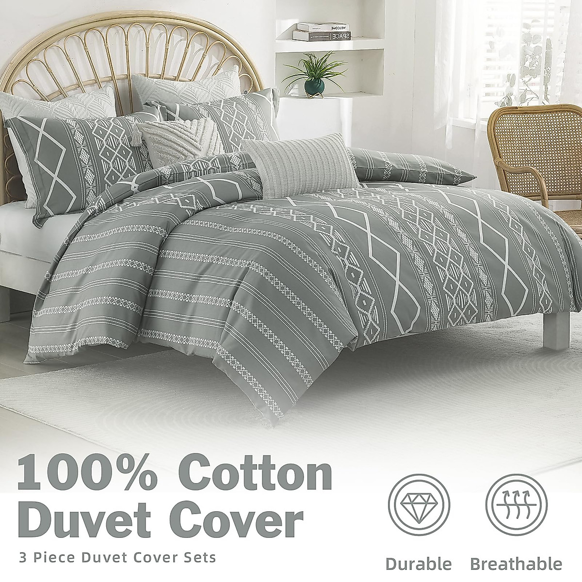 EWlinens Boho Duvet Cover King Size - Gray Geometric Bedding Duvet Cover Set 3 Pieces Bohemian Striped Pattern Printed Cotton Comforter Cover with Zipper Closure & Corner Ties, 104"x90"