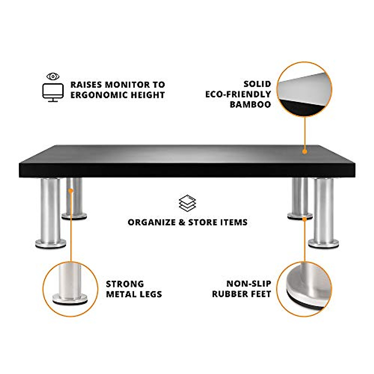 The Office Oasis Computer Monitor Stand, Solid Bamboo Supports 100lbs, Black