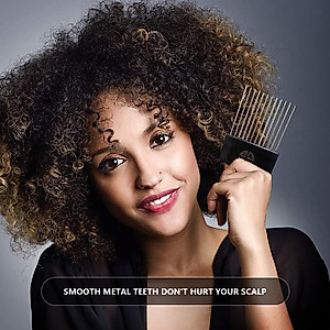2 Pack Hair Picks for Afro, Curly Hair Styling - Metal Hairdressing Tools for Women and Men (Black)