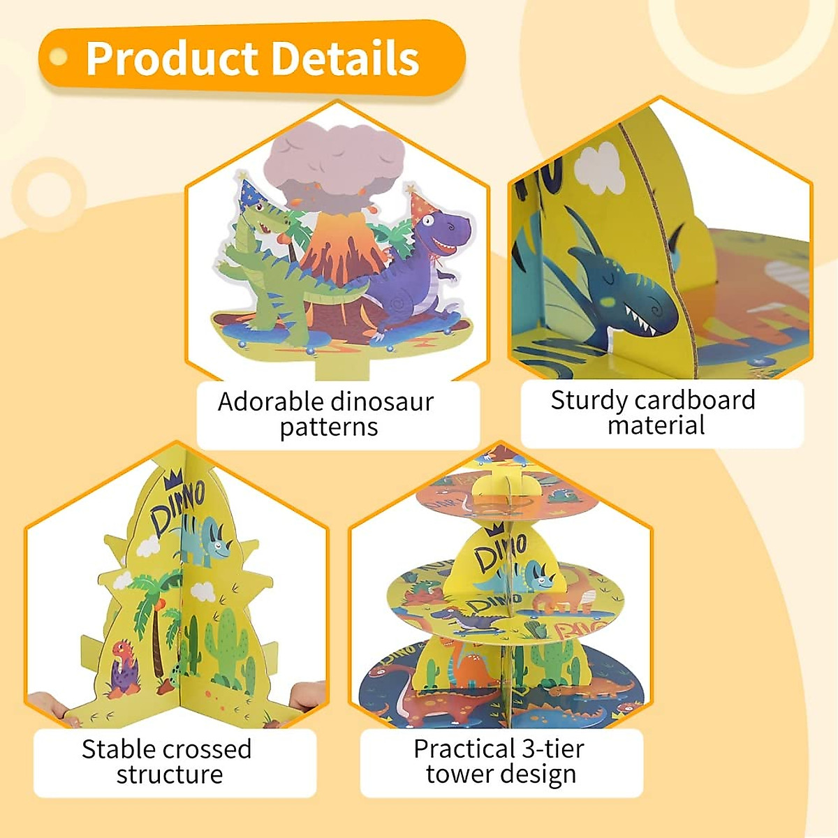 YHomU 3-Tier Dinosaur Cupcake Stand, Dinosaur Themed Birthday Party Decorations, Sturdy Cardboard Cake Holder, Round Dessert Display Tower, Stable Serving Stand for Weddings, Birthdays, Parties