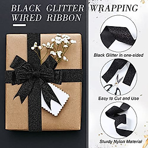 2 Rolls Glitter Ribbon 1-1/2 Inch x 10 Yards Wrapping Cut Edge Ribbon for Gift Wrapping Shiny Wrapping Ribbon for DIY Crafts Shower Tree Party Home Wedding Decoration(Black, 1-1/2 Inch Wide)