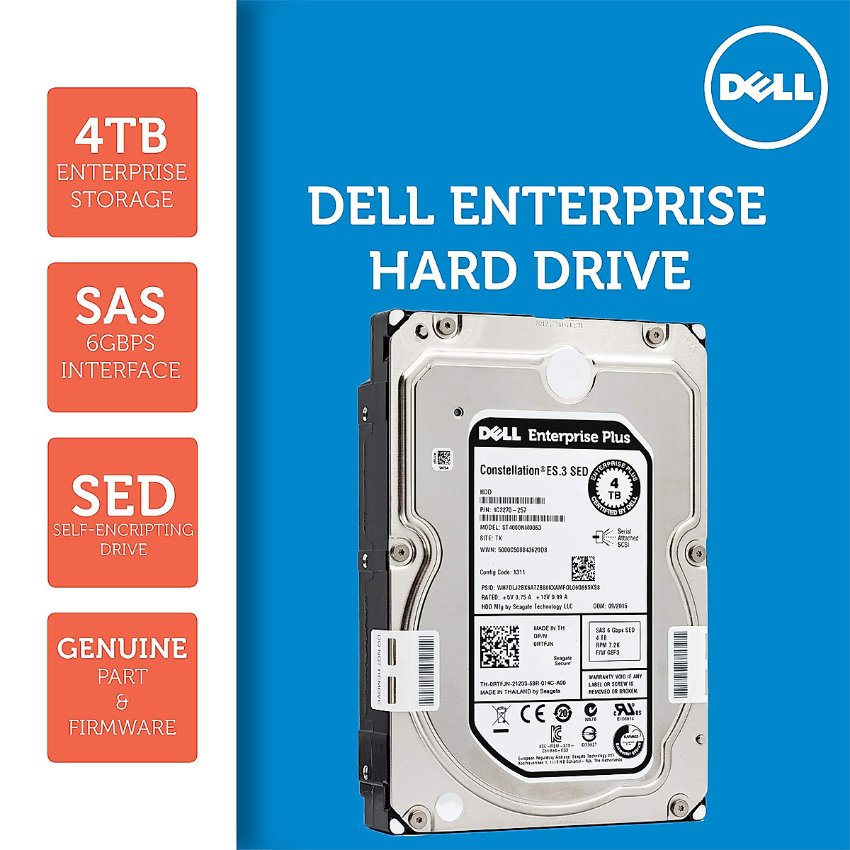 DELL ENTERPRISE CLASS 4TB 7.2K RPM SATA 3.5" 6Gbps HARD DRIVE W/TRAY FOR PowerEdge R210 II R220 R310 R320 R410 R415 R420 R510 R515 R520 R710 R720 R720XD T110 II T310 T320 T410 T420 T620 T710 (Renewed)