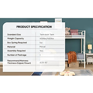 HomJoones Metal Bunk Bed Twin Over Twin Sturdy Heavy Duty Bunk Beds with 2 Side Ladders,Space Saving,No Box Spring Needed,for Boys Girls Teens Adults, Bedroom, Dormitory (White)