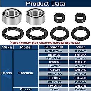 Front Wheel Bearings & Seals Kit Fit for Honda Foreman TRX400 / TRX450 / TRX500 / TRX680 FE FM FPE FPM, Pre Lubricated, Stable Performance