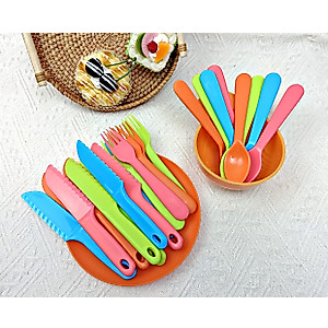 Kids Cutlery Set - Jawbush 9 Pcs Plastic Toddler Utensils with Nylon Knives Forks and Spoons for School Lunch Box, Multi-colored Kids Silverware Set, BPA Free Dishwasher Safe