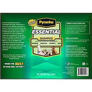 Pyranha Essential Shampoo - With Geraniol, Argain Oil, Vitamin E, Coconut Oil, and Aloe Vera - Die & Paraben Free, Long Lasting Smell, Biodegradable - Shampoo for Horse, Dogs, Cats, and more - 16 OZ